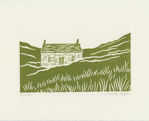 Cottage linocut, Yorkshire landscape art for sale | Michelle Hughes