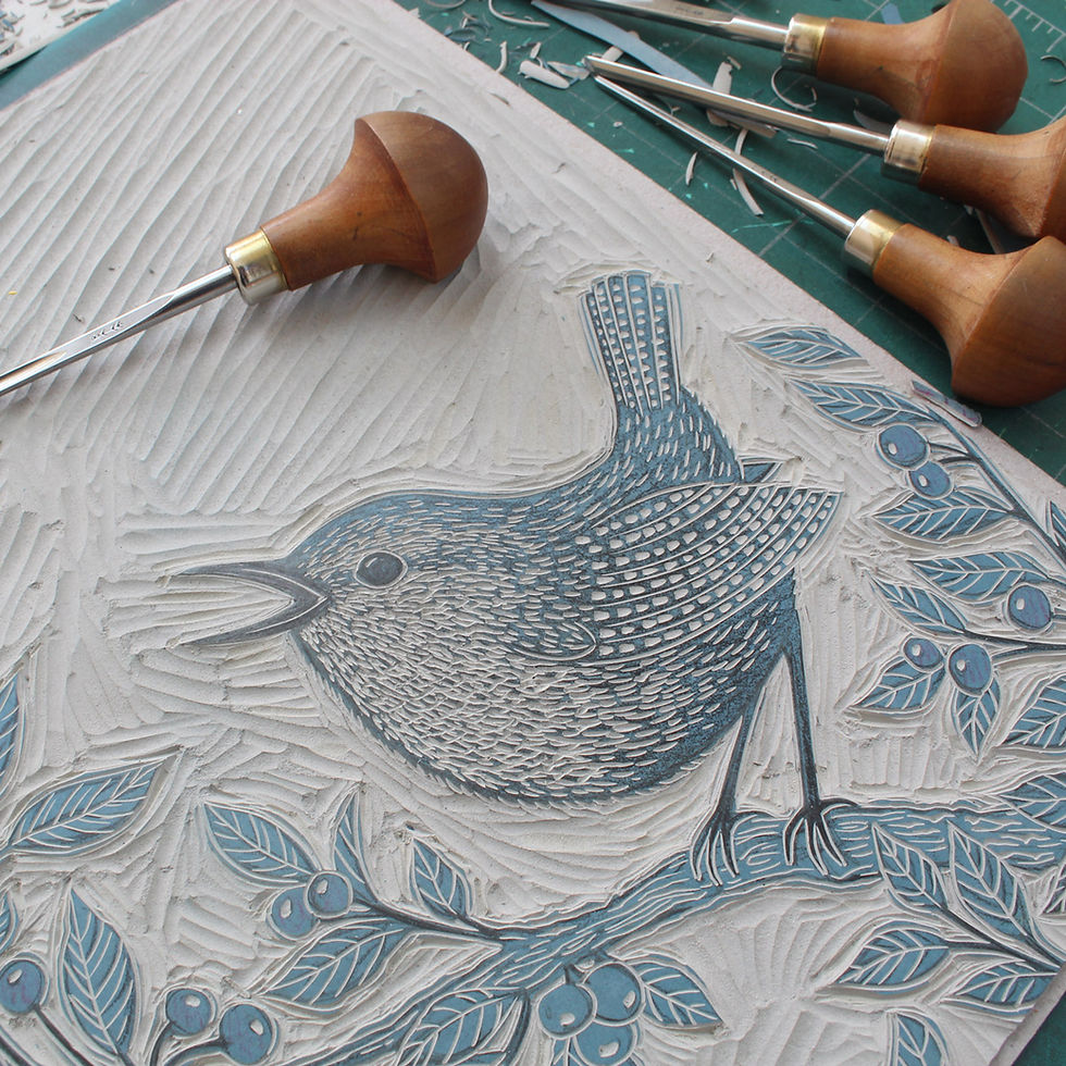 Singing Wren original linocut print | Michelle Hughes Design