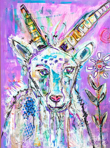 NOT SO GRUFF Goat Whimsy Animal Abstract Wall Art Reproduction PRINT w ...