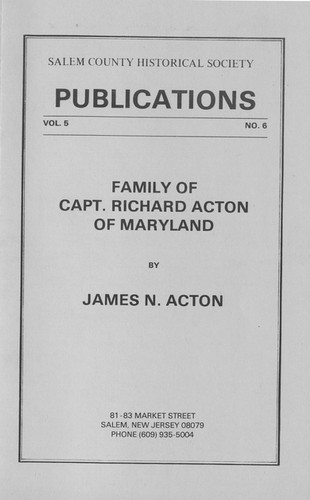 Family of Captain Richard Acton of Maryland | SCHS