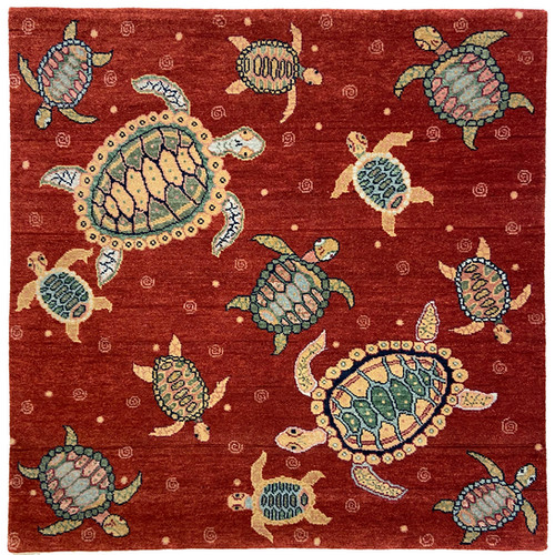 4'0" x 4'0" Sea Turtle Herd in Coral Sea Red | Talbot Oriental Rugs