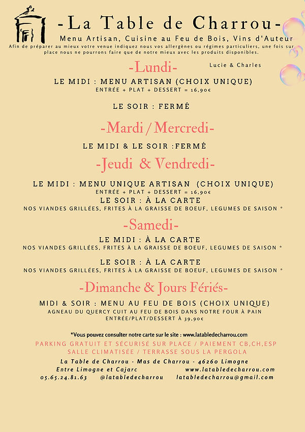 Menu | La Table De Charrou | Limogne-en-quercy