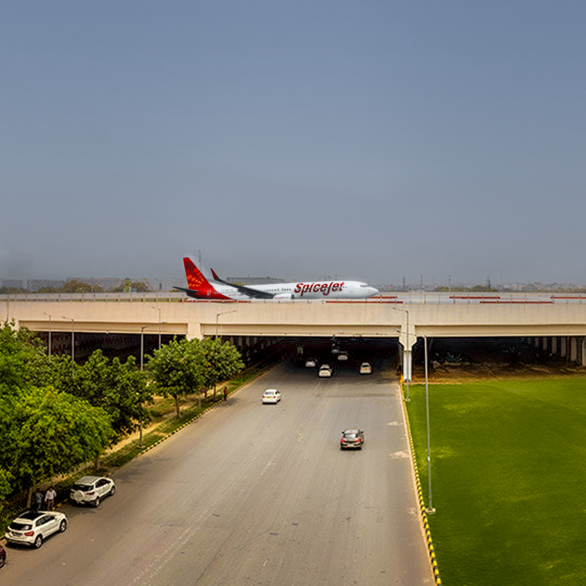 Elevated taxi way and flyover at IGI Airport, New Delhi