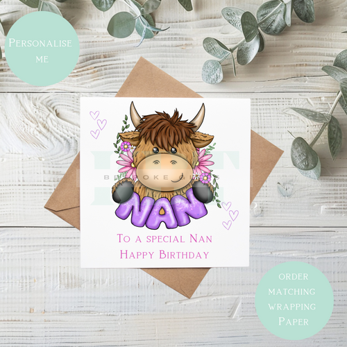 Nan Highland Cow Birthday Card | KBT Creations