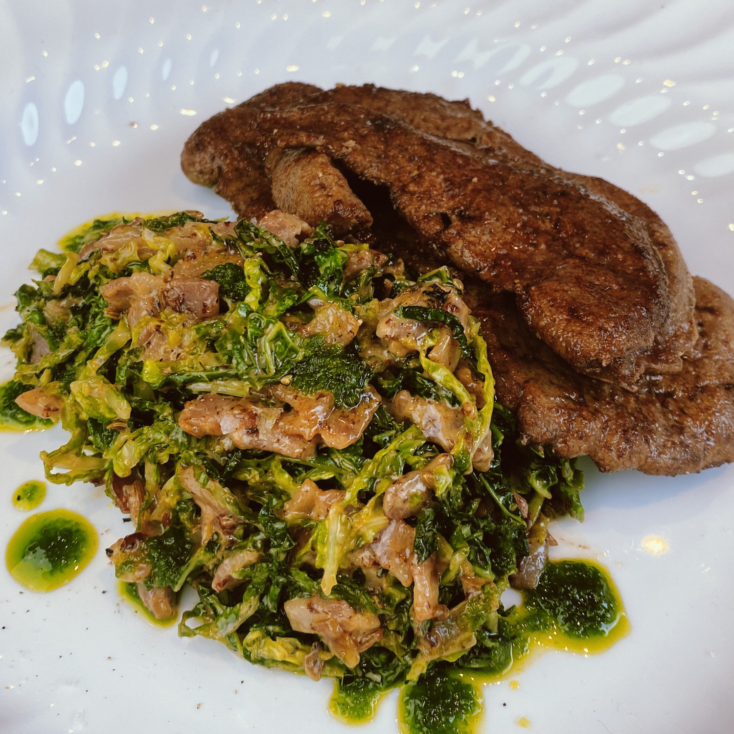 Healthy Calves’ liver with savoy cabbage and bacon Recipe