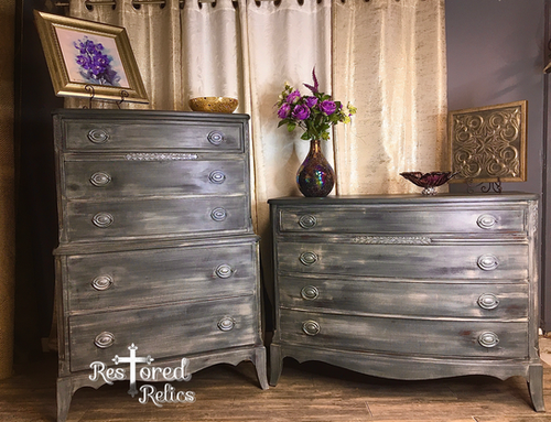 2 Vintage Old World Gray Weathered Dressers | Restored Relics