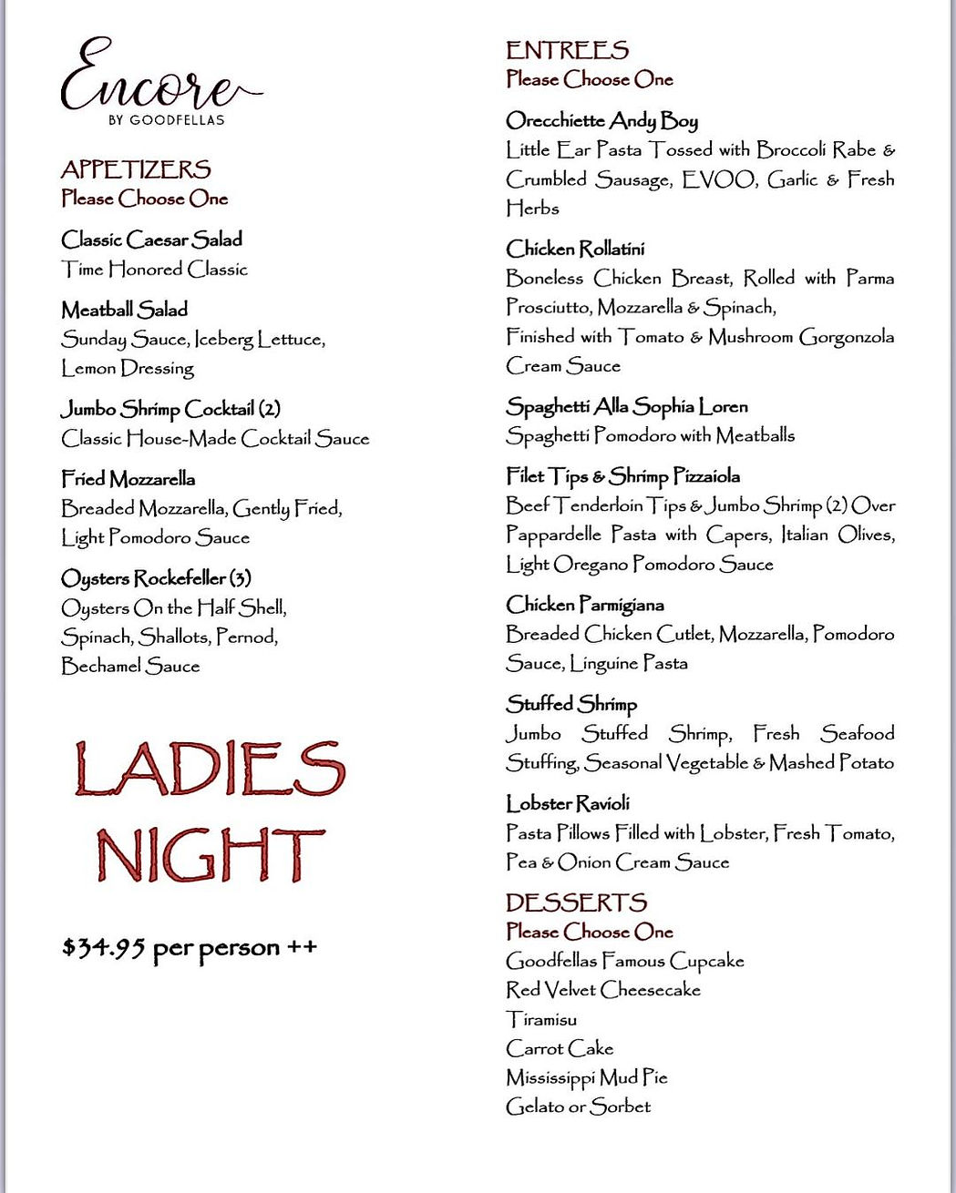 LADIES NIGHT MENU | Encore By Goodfellas