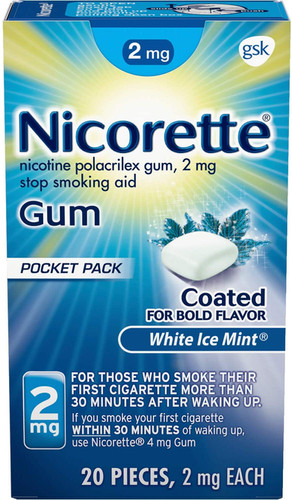 Nicorette 2mg Nicotine Gum to Quit Smoking, White Ice Mint (20 Count ...