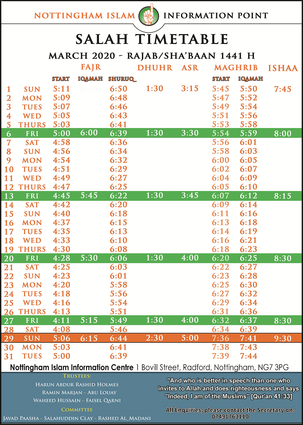 Salah Timetable - March 2020