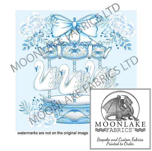Blue Swan Carousel with flowers, blue background | Moonlake Fabrics Ltd