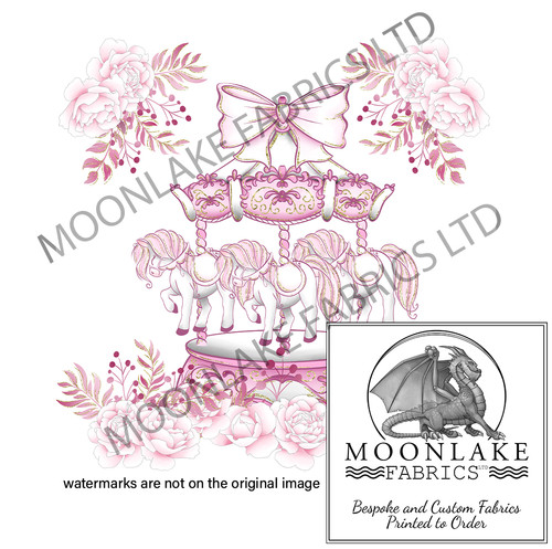 Pink Carousel with flowers, white background | Moonlake Fabrics Ltd