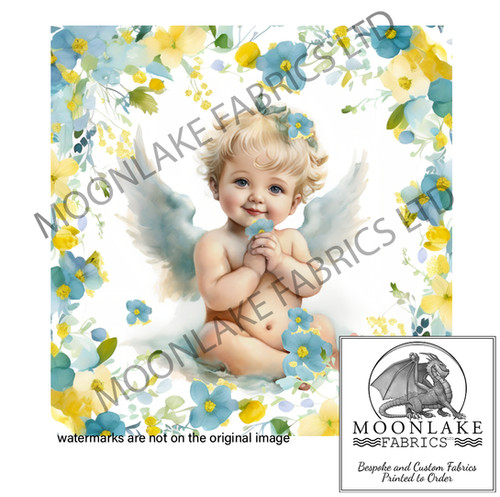Cherub with Blue and Lemon Flowers | Moonlake Fabrics Ltd