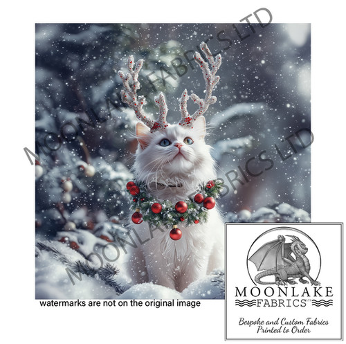 White Cat with Winter Decorations | Moonlake Fabrics Ltd