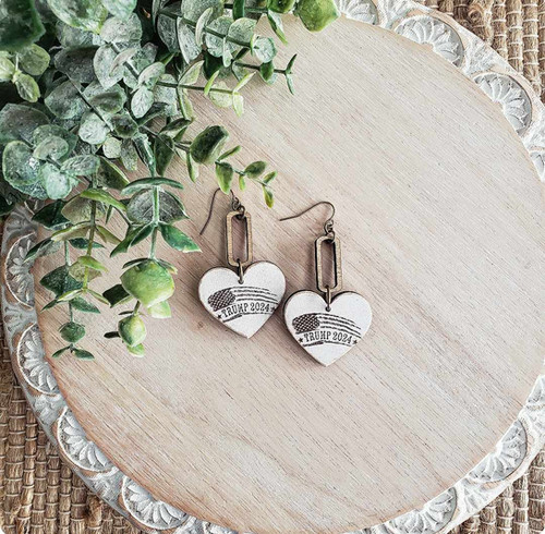 Distressed White Engraved Trump 2024 Heart Dangle Wood Earrings ...