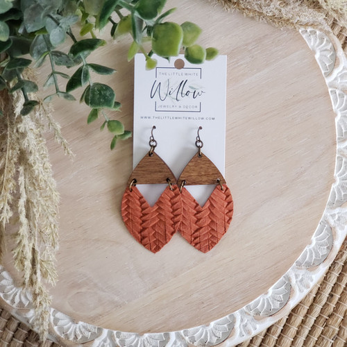 Burnt Orange Swoop Leather and Wood Earrings | TheLittleWhiteWillow