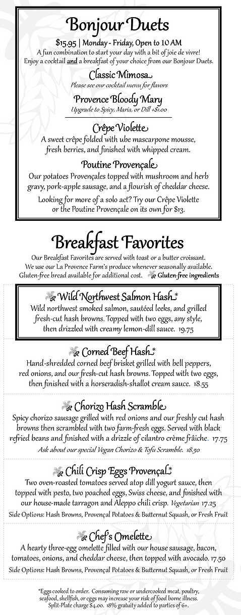 Streamlined Menus | La Provence and Petite Provence