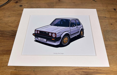 VW Golf GTi Mk1 Cartoon Style Drawing | Pink Lily Pad