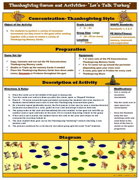 PE Concentration: Thanksgiving Version- Activity Plan with 30 Matching ...