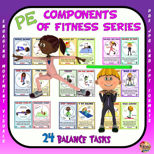 PE Component of Fitness Task Cards: 24 Balance Movements | capnpetespowerpe