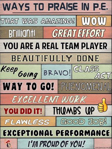 PE Poster: WORDS MATTER- Ways to Praise in P.E. Visual | capnpetespowerpe