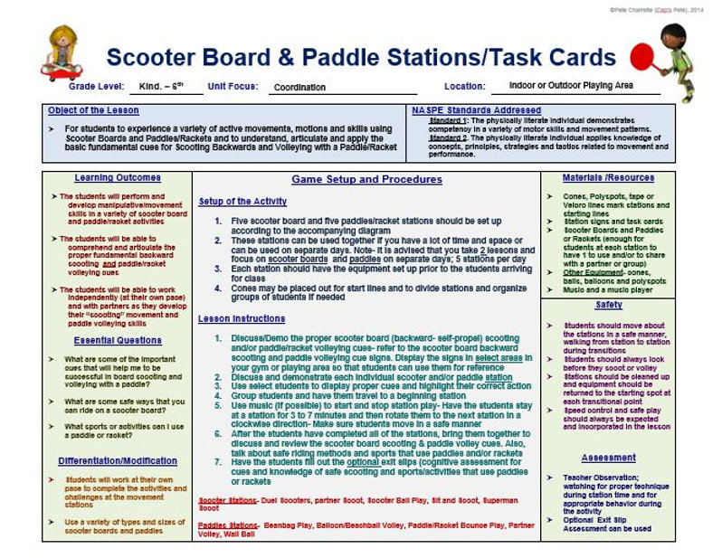PE Manipulative Stations and Task Cards- “Scooter Boards and Paddles ...
