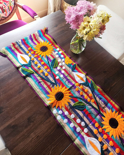 Sunflower Table Runner multicolor stripes handmade hand embroidered ...