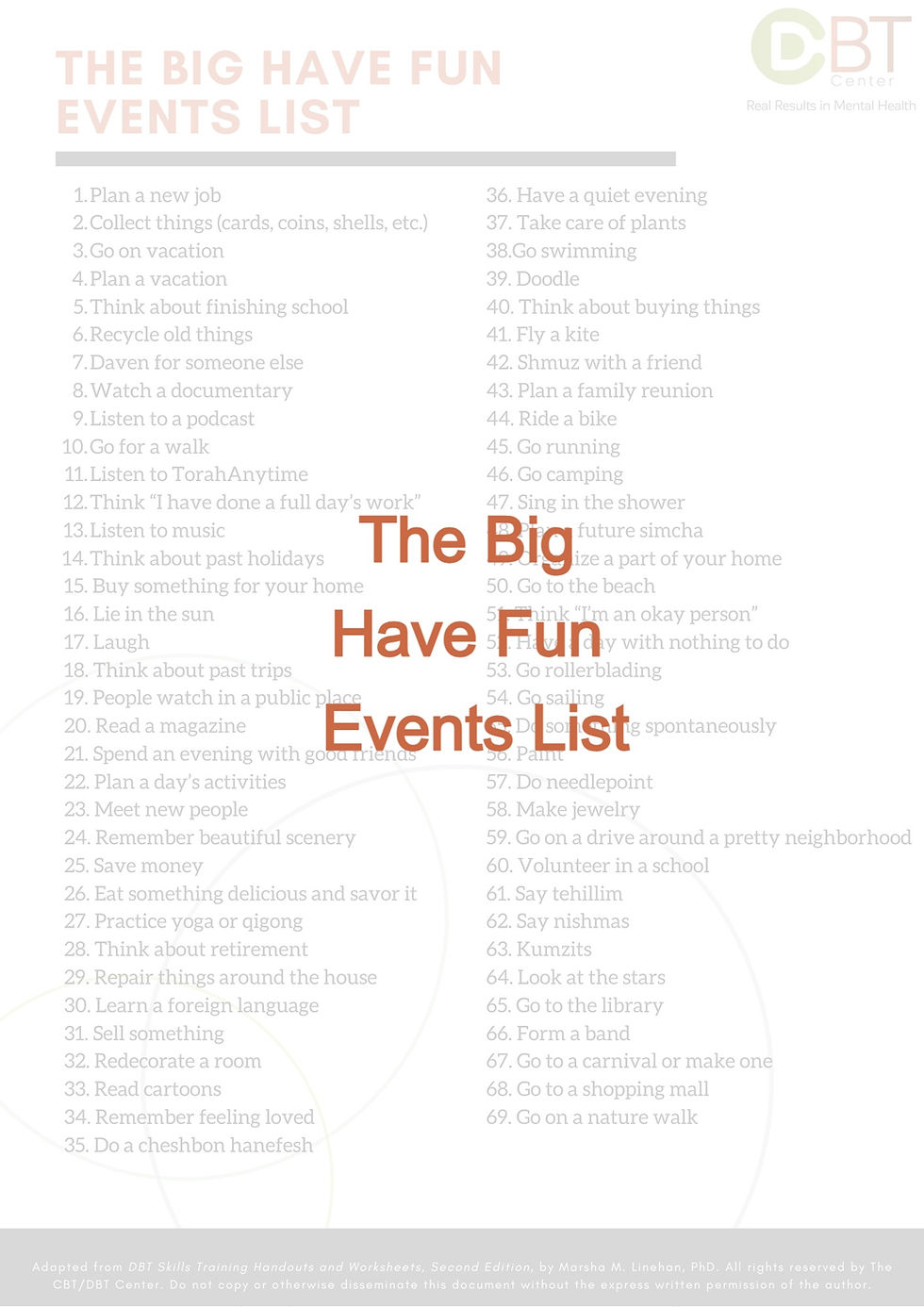 The Big Kosher Pleasant Events List | The CBT/DBT Center