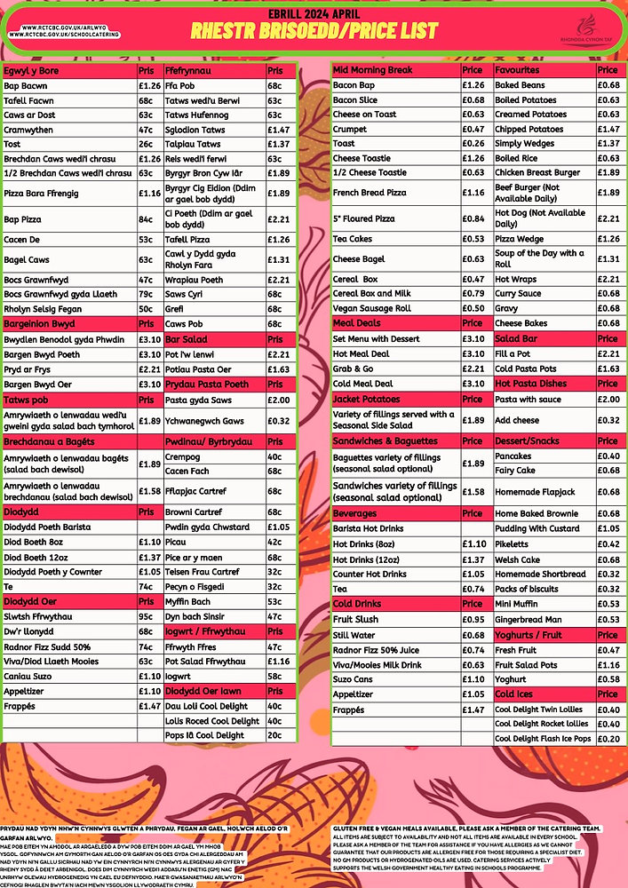 Bwydlen y ffreutur ** Canteen menu