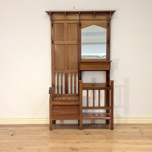 Edwardian Oak Hall Stand with Storage Compartments and Mirror. | mrbeams