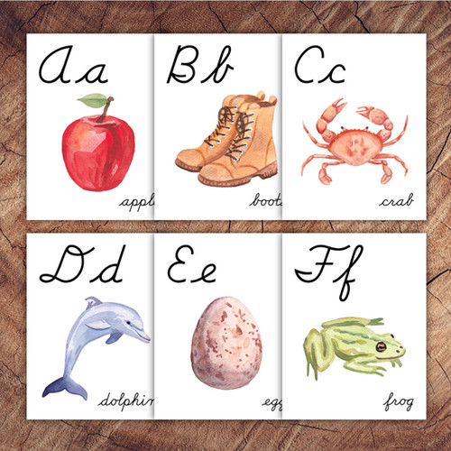 Cursive Alphabet Poster Set, Watercolour Images | Little Spark Company
