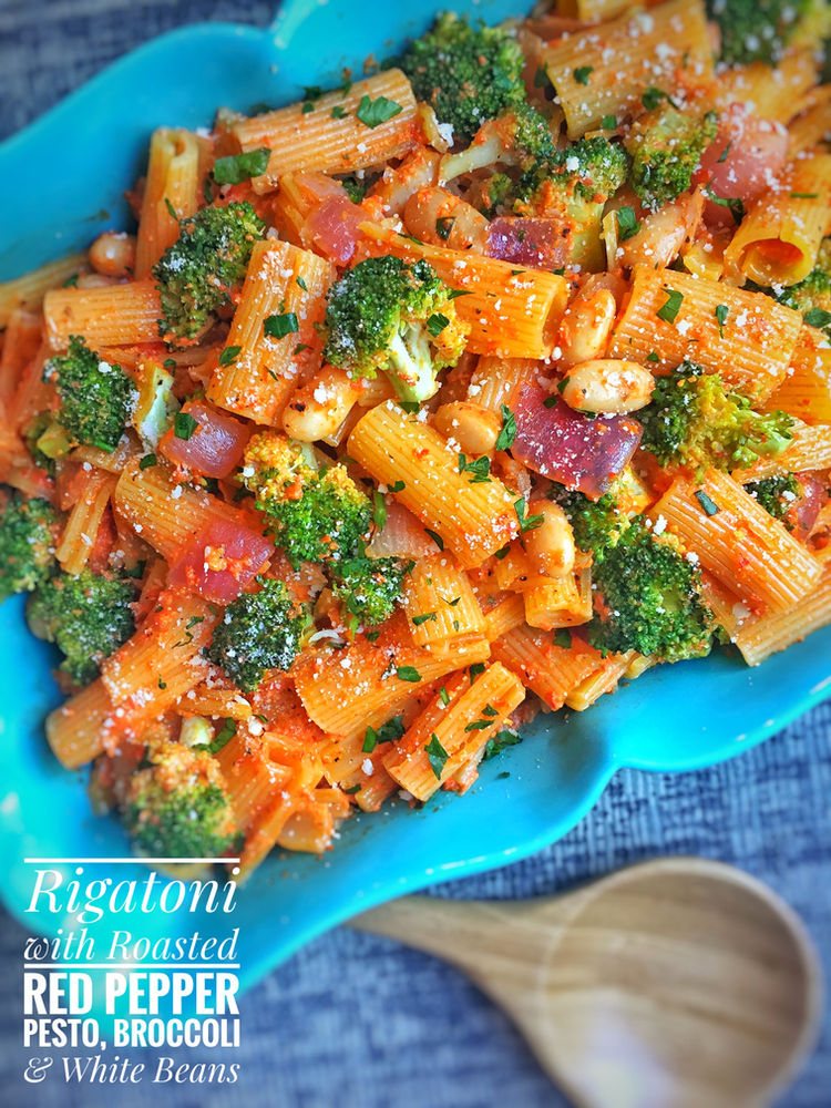 Rigatoni with Roasted Red Pepper Pesto Broccoli & White Beans