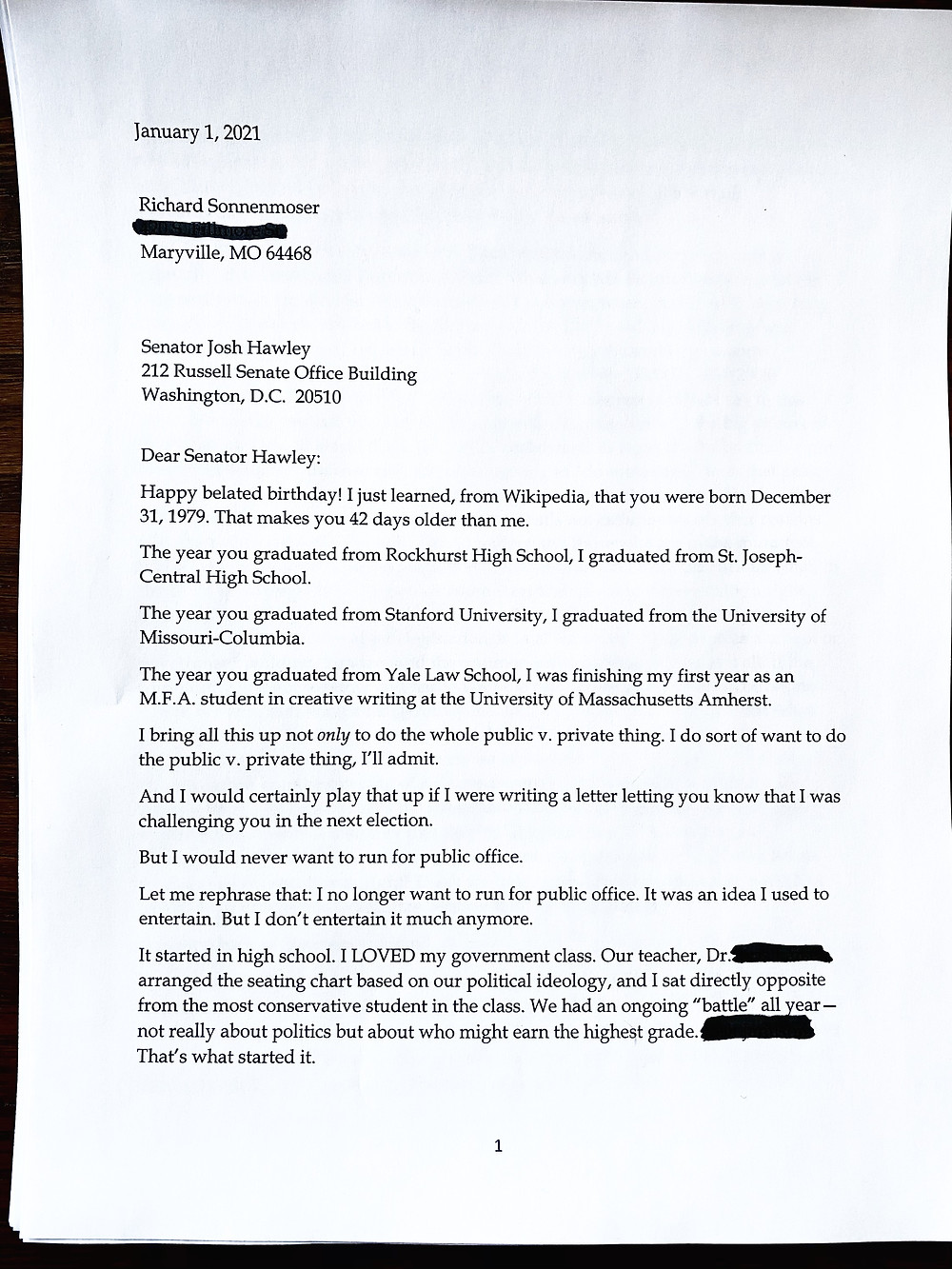 Letter to Senator Josh Hawley