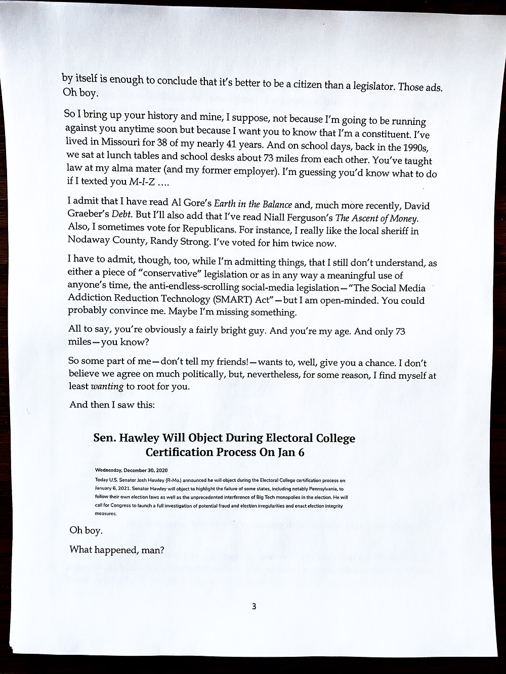 Letter to Senator Josh Hawley