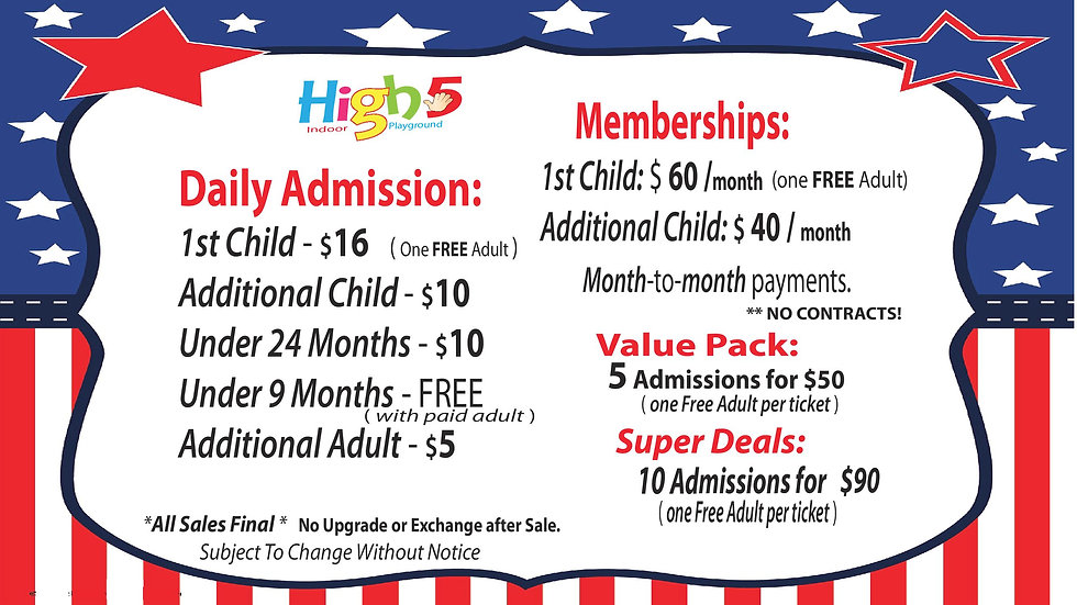 Price | High 5 Indoor Playground in Inland Empire, city of Redlands, CA