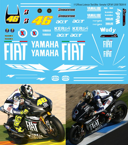 1/12 Decals Rossi Lorenzo Test Valencia 2008 Yamaha YZR M1 TB Decals ...