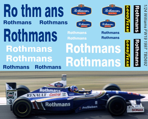 1/24 Rothmans Decals X Williams FW19 1997 TB Decal TBD692 | tbdecalsmodels