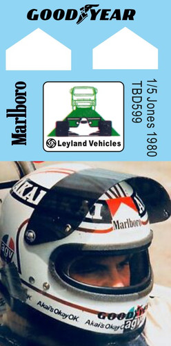 1/5 Helmet Decals Alan Jones F1 1980 TB Decal TBD599 | tbdecalsmodels
