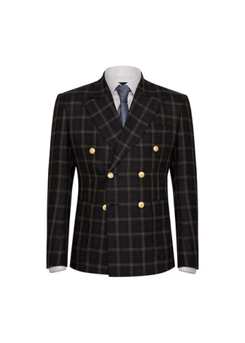 Dark Brown Plaid Double-Breasted Suit with Gold Metal Botton | BASIC ...
