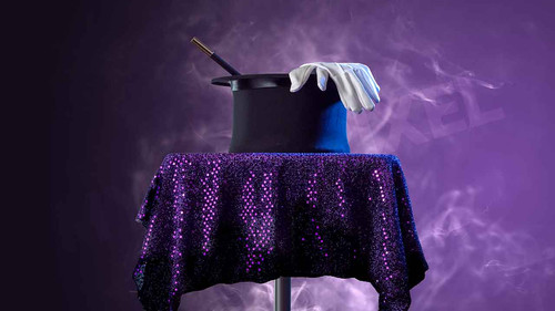 Magician Table with Top Hat, Gloves & Magic Wand on Purple Smoke ...