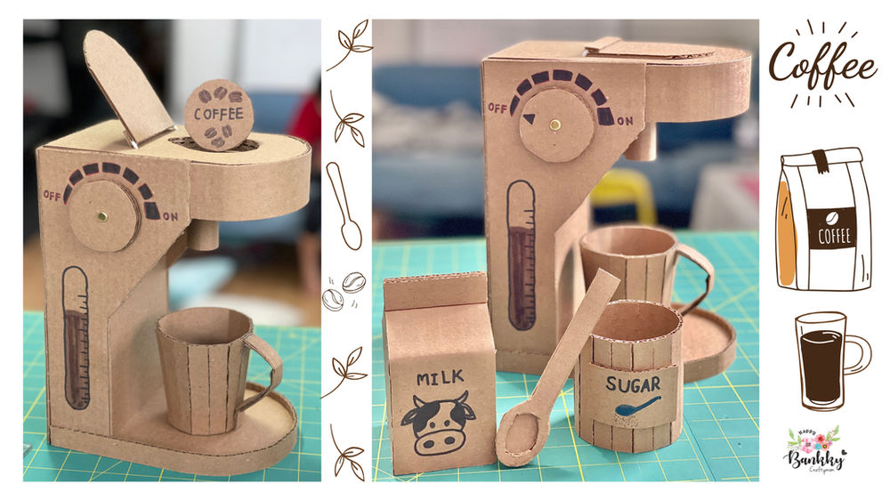 Cardboard Coffee Machine, Mug, Sugar Bolw, Spoon and Milk Carton