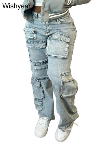 Sweatpants Multi Pockets Stretch Denim Cargo Pants Women Button Fly ...