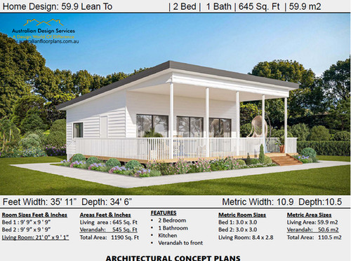 2 Bedroom Lean-To Cottage Home Plans | 59.9 m² (645 Sq. Ft ...