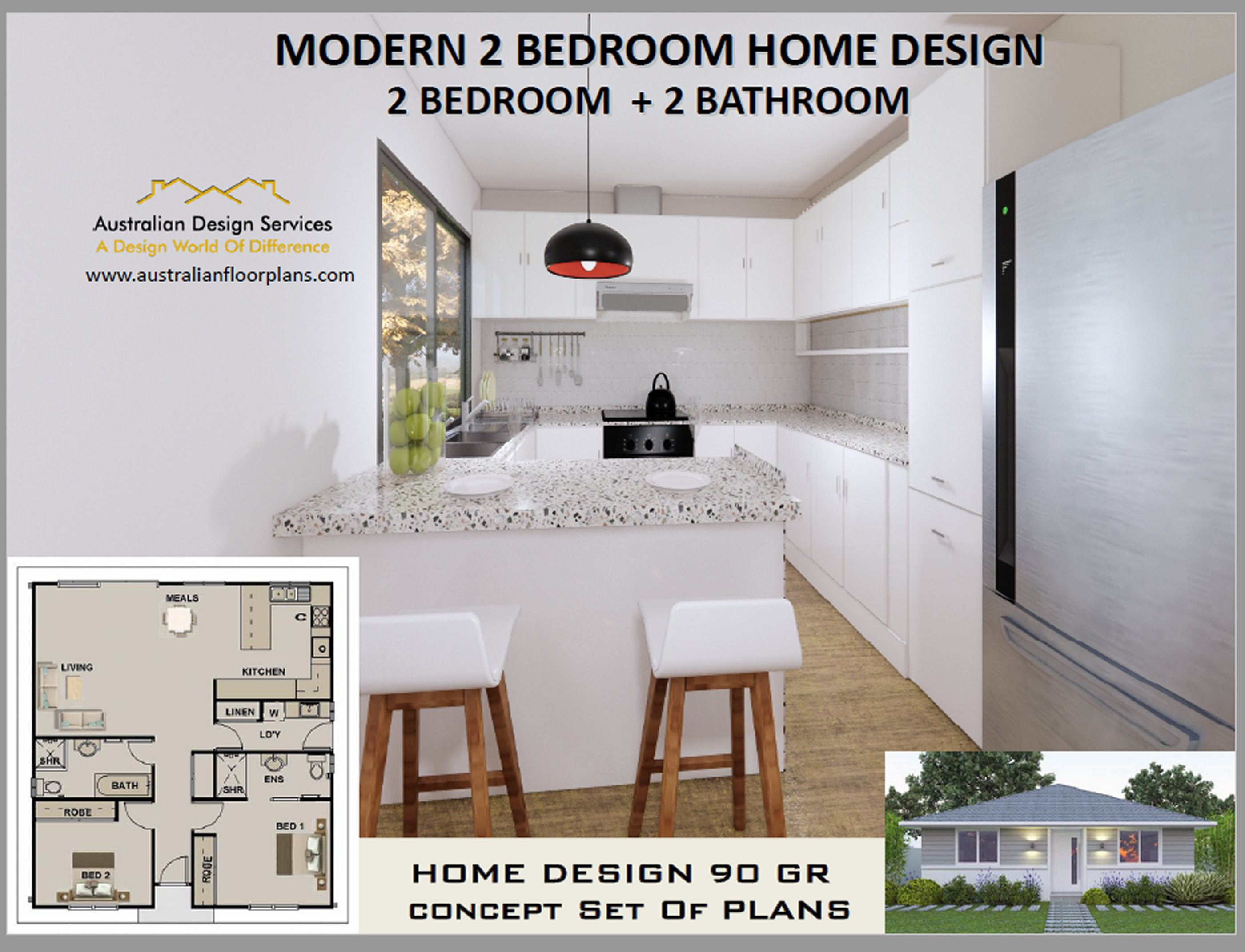 Modern 2 Bed 2 Bath House Plan 90 0 M2 Preliminary House Plan Set