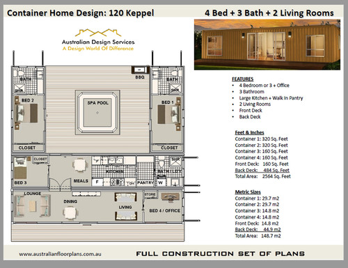 4 Bedroom 2 + 3 Bathroom Shipping Container Home plans:120 Keppel ...
