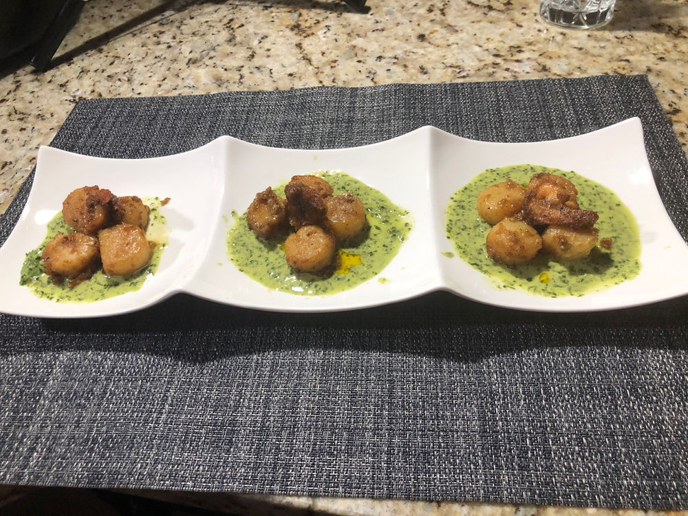 Cajun Shrimp and Scallops Appy, with a Cool Cilantro Sauce