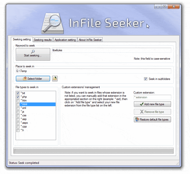 InFile Seeker - recherche des mots/chaînes / fichiers texte | libellules.net
