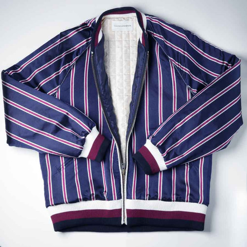 Silk Boating Stripe Bomber Jacket Wine and Navy | Thomas Fortin