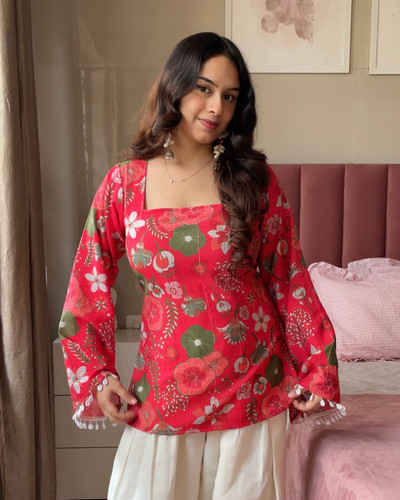 Red Muslin Cotton Flared Sleeves Shell Kurti (with lining) | Doriva India