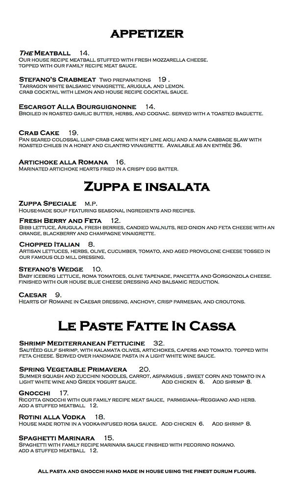 Menu | Stefano's 2022