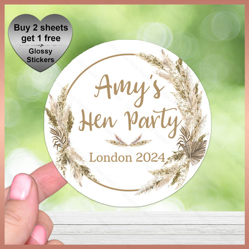 Personalised Boho Pampas Stickers - Hen Birthday Party Labels | Mysite